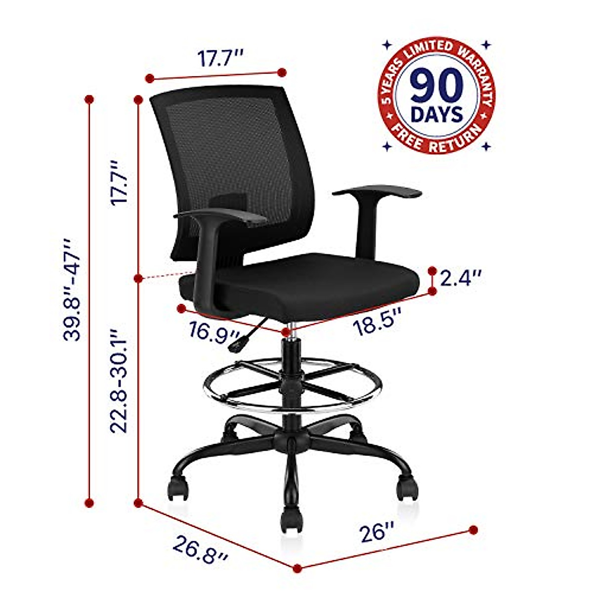 CLATINA Drafting Chair,Tall Office Mesh Chair Standing Desk Chair with Mid Back Adjustable Footrest Ring Swivel Task Chair for Computer Adults Desk 2pk