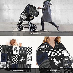 Personalized Dirt Bike Black Baby Car Seat Canopy for Babies with Name, Custom Motocross Car Seat Covers for Boys, Opening Minky Nursing Breastfeeding Cover Infant Carseat Canopies for Newborn