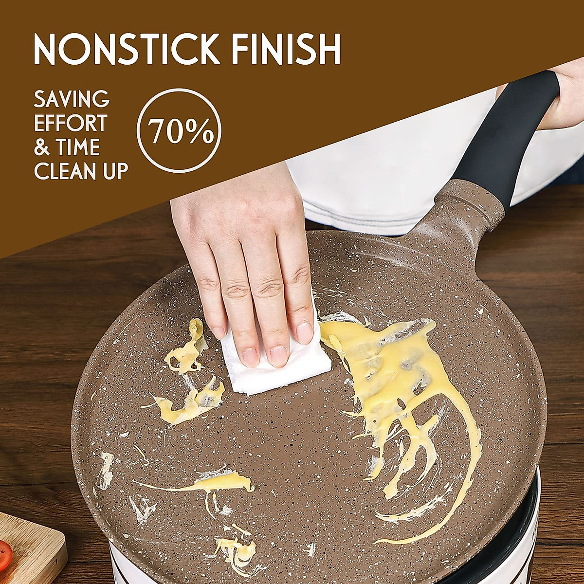 DIIG Non Stick Crepe Pan 11 Inch with Spreader Spatula, No Stick Pancake Pan for Cooking, Brown Griddle for Frying Egg, Steak, Crepe Cake, Omelette Pan with Induction Bottom