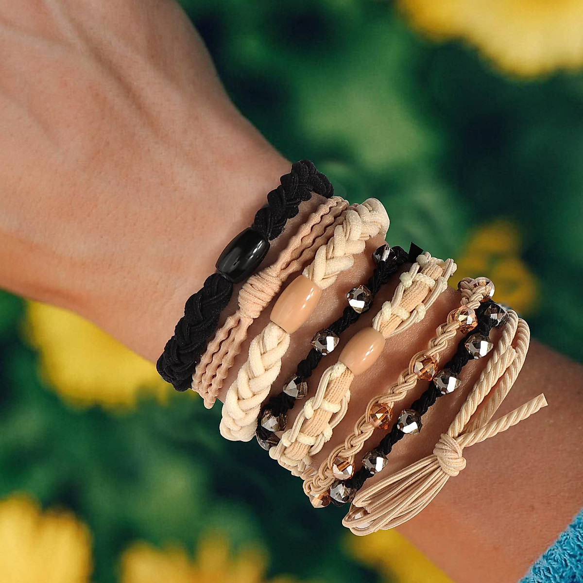 Mity rain 20 Pieces Hair Ties Bracelets for Women Girls, Crystal Boho Hair Ties No Damage, Elastics Hair Ties Ponytail Holders, 5 Styles Cute Hair Ties for Thick Thin Hair Black/Beige