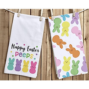 Happy Easter Peeps Kitchen Dish Towel 18 x 28 Inch, Spring Summer Rabbit Tea Towels Dish Cloth for Cooking Baking Set of 2