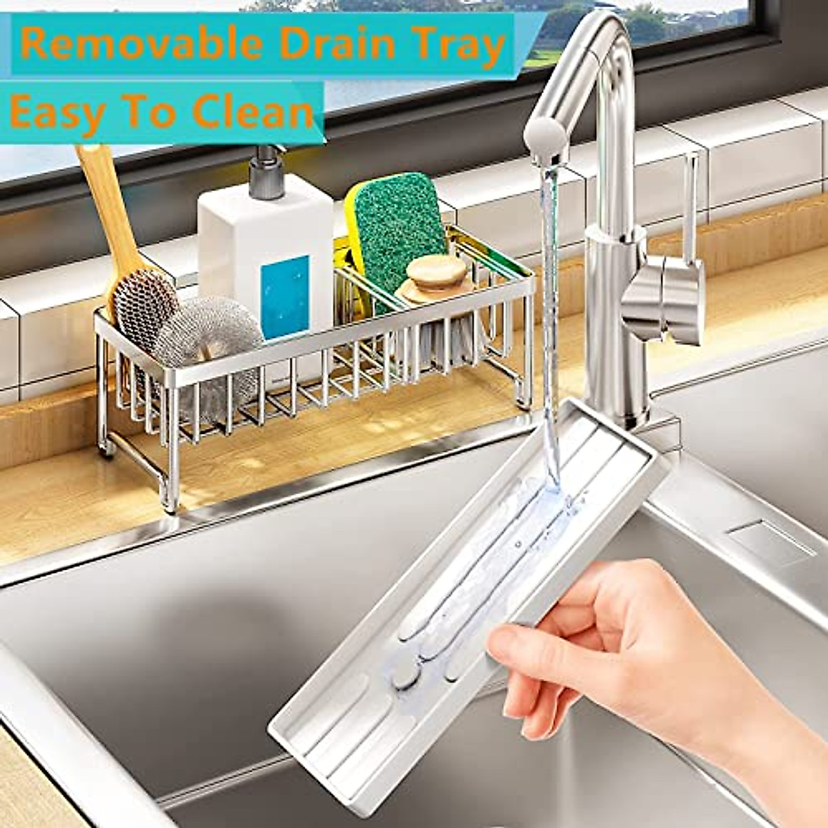 JYFKINN Kitchen Sink Sponge Holder, Kitchen Sink Caddy 304 Stainless Sponge Holder for Kitchen Sink Sponge Organizer with Divider Diversion Drainage, Dish Soap Dispenser Brush Holder Storage