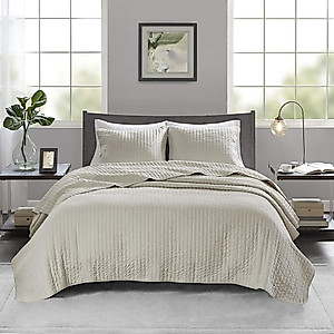 Madison Park Keaton Quilt Set-Casual Channel Stitching Design All Season, Lightweight Coverlet Bedspread Bedding, Shams, Full/Queen(90"x90"), Stripe Cream, 3 Piece