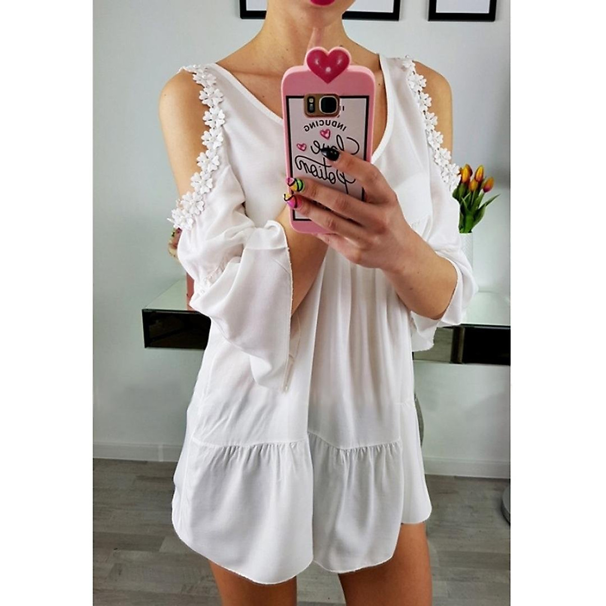 IEason Women's Solid Casual Lace Sexy Strapless 3/4 Sleeved O-Neck Blouse Tops (M, White)