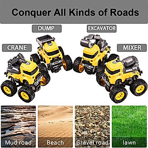 XHAIZ 4PCS Pull Back Construction Truck Cars, Excavator Toys, Mixer, Crane, Dump Trucks for Boys, Friction Powered Push and Go Toy Cars Trucks for Toddlers, Kids,3+ Year Old Boys Girls