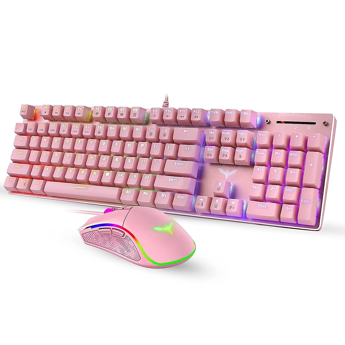 havit Havit Mechanical Gaming Keyboard and Mouse Combo Blue Switch 104 Keys Rainbow Backlit Keyboards, 4800 Dots Per Inch 7 Button Mouse Wired for PC Gamer Computer Laptop (Pink) (Renewed)