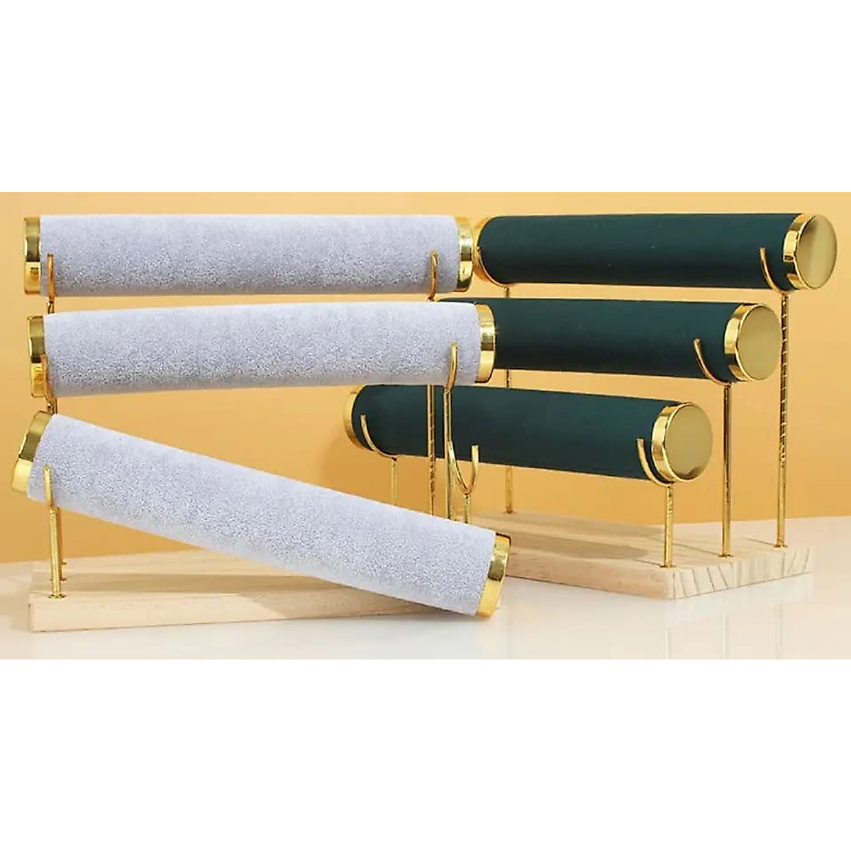 RJ Displays-Grey Velvet 3 Layer Detachable Wood Gold Hardware Jewelry Holder Organizer Display Stand Velvet Bracelet Display Stand. Comes with Micro Fiber Jewelry Cleaning/Polishing Cloth