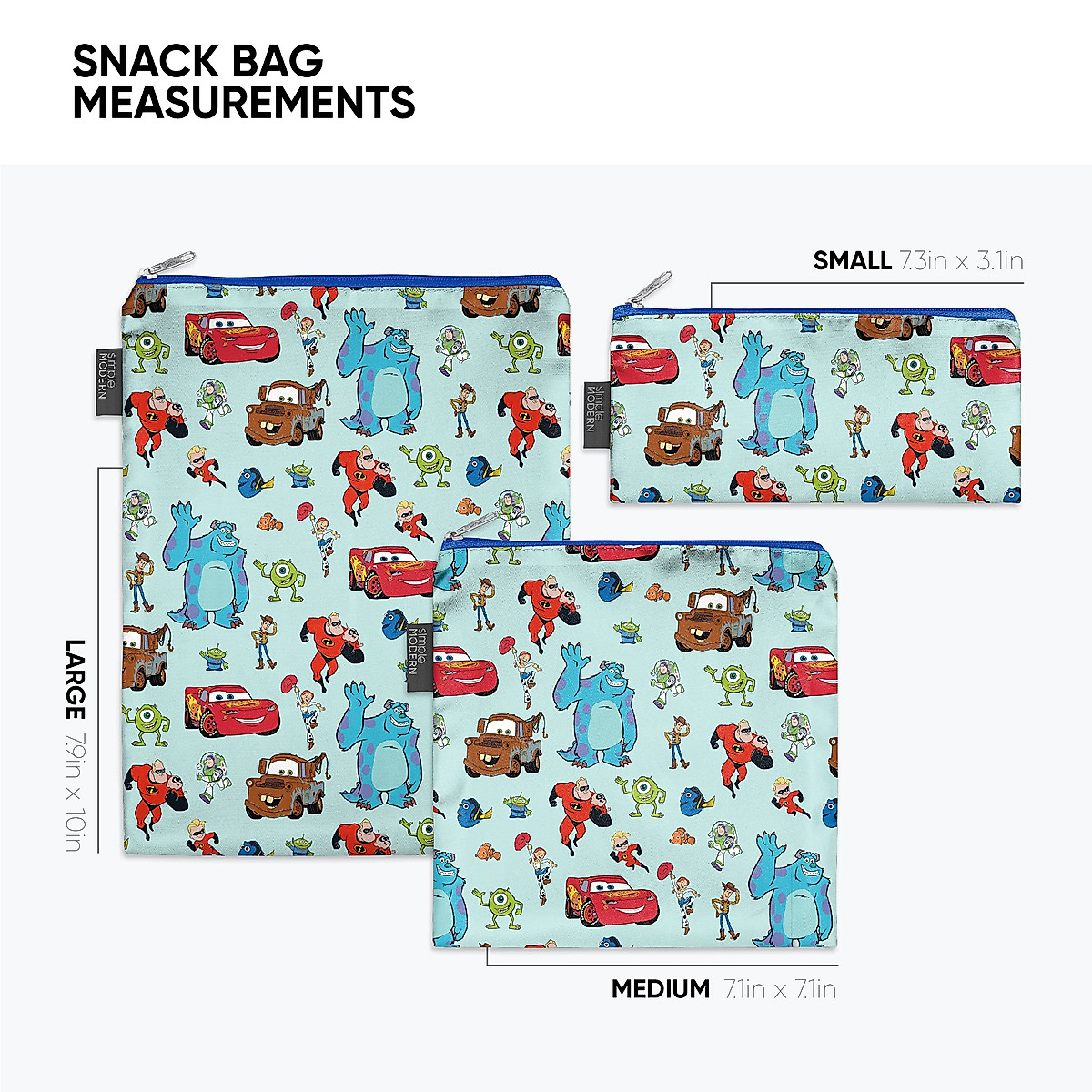 Simple Modern Disney Pixar Reusable Snack Bags for Kids, Boys | Food Safe, BPA Free, Phthalate Free, Polyester Zip Pouches | Washable & Refillable Sandwich Bag | Ellie Collection | 3 pack | Pixar Pals