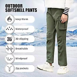 Anyanmoutn Kids Boys Fleece Lined Hiking Pants, Hiking Snow Ski Pants Boys Waterproof Winter Warm Outdoor Insulated Softshell Pants