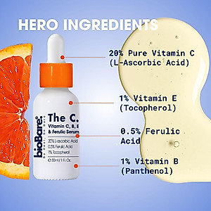 Vitamin C B E, and Ferulic Serum For Face By BioBare | 20% Pure Vitamin C W/Hyaluronic Acid | Helps Keep Skin Young, Moist, Bright & Glowing | Helps With Fine Lines, Wrinkles, Dark Spots | 1Fl Oz