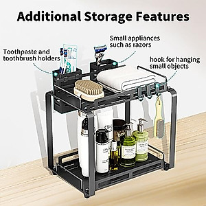 junyuan Large Bathroom Organizer Countertop,2 Tiered Bathroom Organizer Shelves with Toothbrush Holders,Bathroom Counter Storage Rack with Basket and Hooks Metal Black