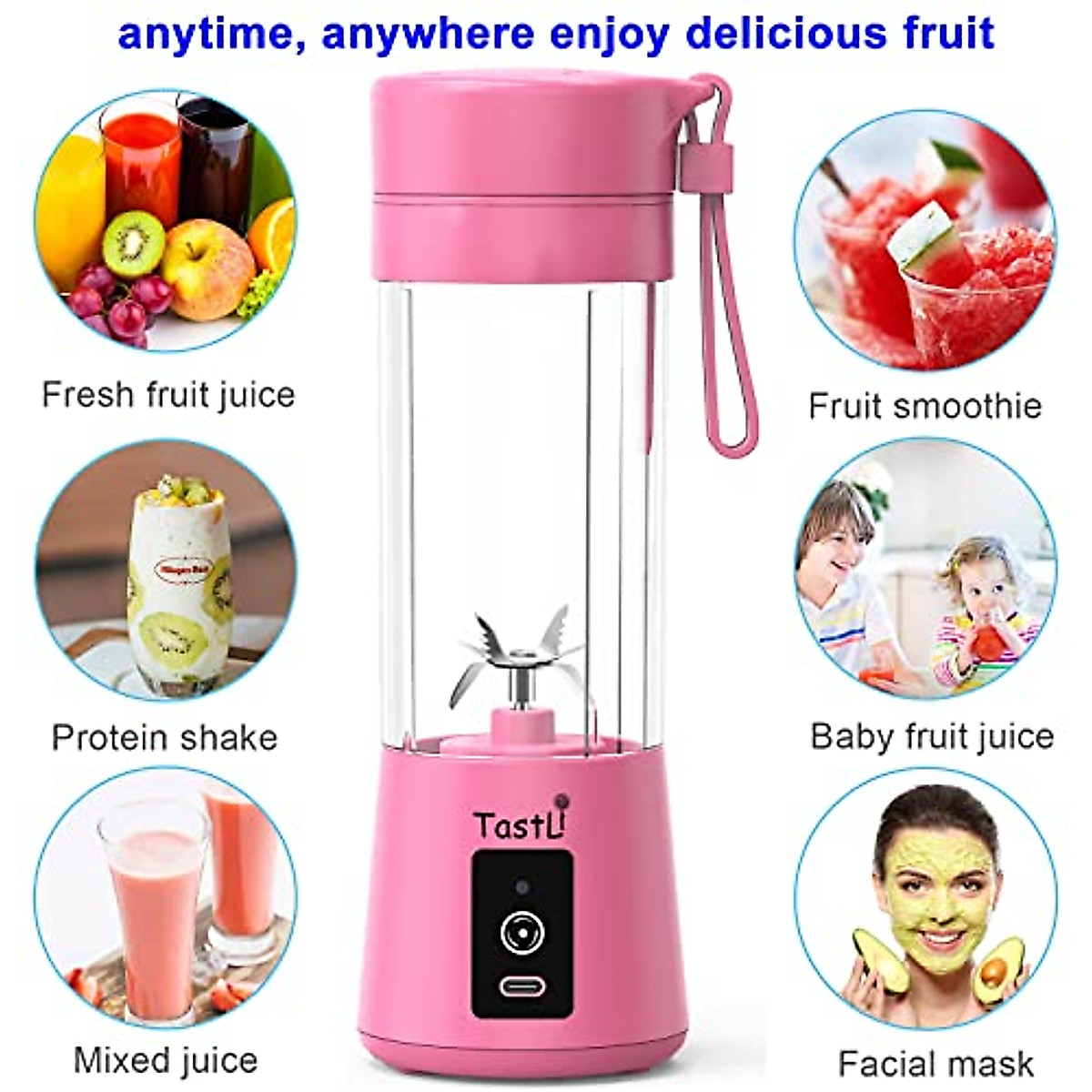 Portable Blender, Personal Mini Bottle Travel Electric Smoothie Blender Maker Fruit Juicer Cup, with 13oz Bottles, 6 Blades and USB Rechargeable Batteries for juice shakes and smoothies (Pink)
