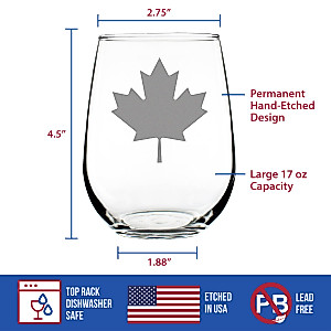Canada Maple Leaf Stemless Wine Glass - Canadian Flag Gifts and Decor for Women and Men - Large 17 Oz Glasses