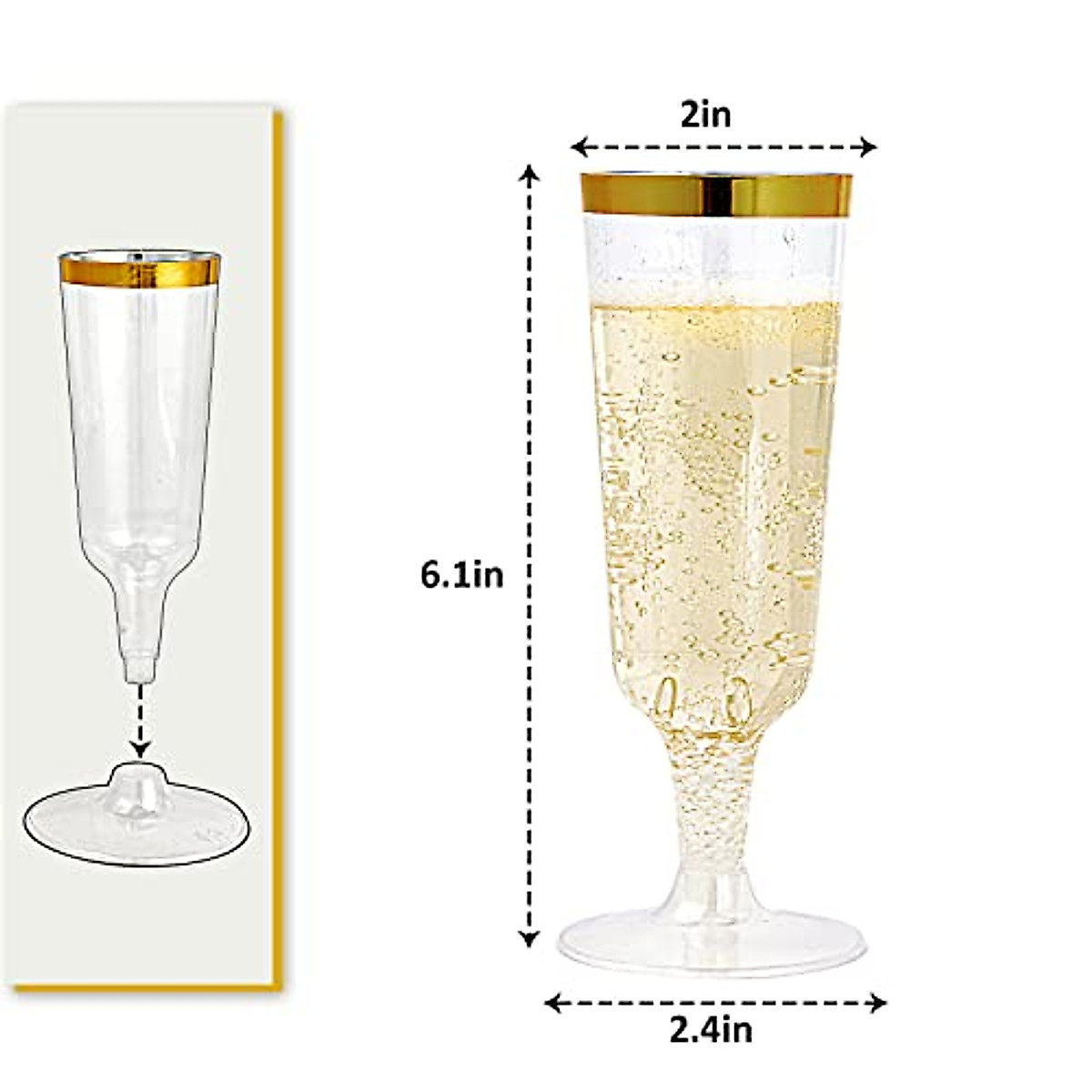 JOLLY CHEF 50 Pack Plastic Champagne Flutes Disposable 5 Oz Gold Rim Plastic Champagne Glasses Perfect for Wedding, Thanksgiving Day, Christmas