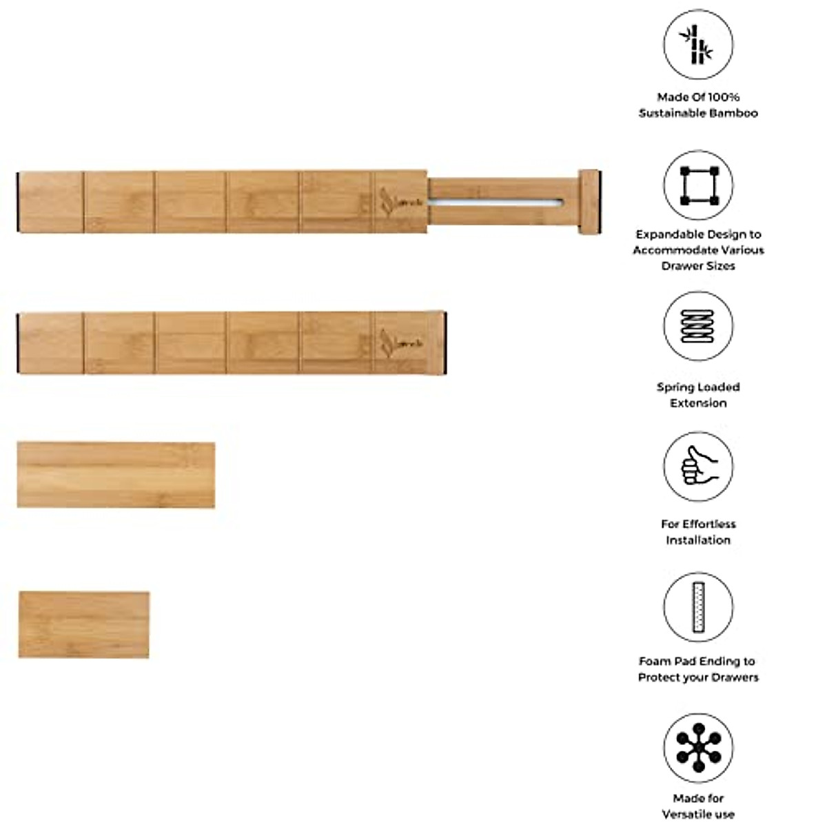 Bamboo Drawer Dividers Set of 4, Expandable Drawer Organizer, Utensil Drawer Organizer, Dresser Drawer Divider, Drawer Separators, Adjustable Drawer Divider with Secure Hold and Protective Padding