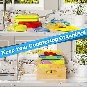 Kiasthome Bamboo Lid Organizers Inside Cabine, Lid Organizer Kitchen Cabinet Organizer with 5 Adjustable Dividers, Food Container Plastic Lids Organizer Holders for Drawer Pantry, Nature