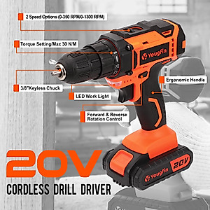 Yougfin Drill Sets Power Tool Combo Kit with 2 Batteries & Charger, 20V Battery Powered Cordless Drill Set with 114pcs Hand Tools, Tool Box with Electric Drill for Home