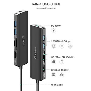 USB C Hub HDMI PD Adapter for MacBook Air/Pro, Surface Pro 7/8, XPS and More, Dockteck 6-in-1 Type C Hub with 4K 60Hz, 100W PD, SD & microSD Card Reader, 2 USB 3.0 Data 5Gbps