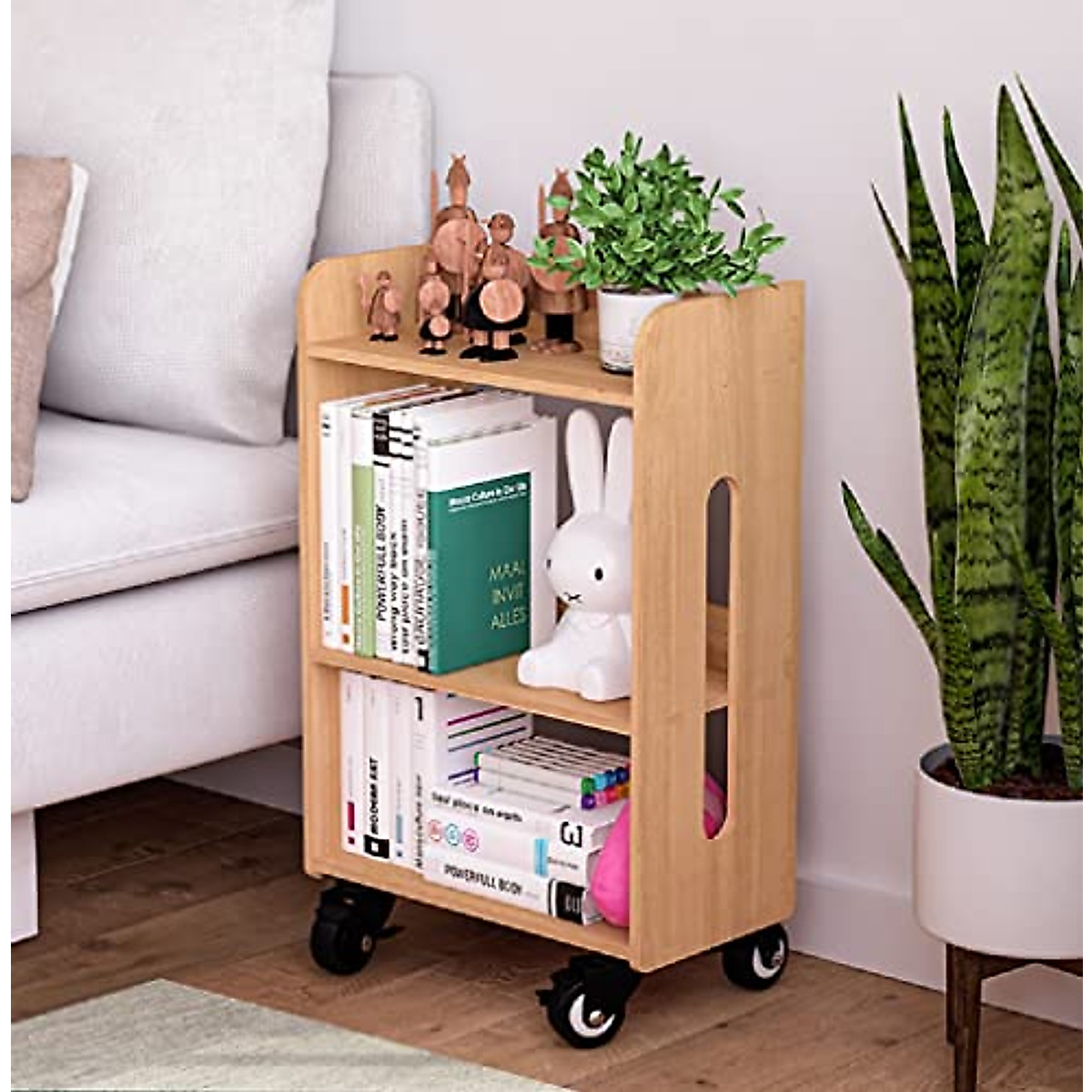 Heehee Mobile Bookshelf on Wheels Bookcase Under Desk Office Cart for Home Office Wooden Bookshelf Sideboard Storage Rack Side Cabinet