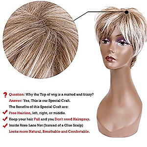 QUEENTAS Pixie Layered Short Blonde Wigs for White Women Black Women Synthetic Hair (Blonde Mixed Brown)