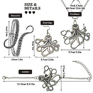 RechicGu Vintage Silver Octopus Jewelry Set Sea Creature Kraken Tentacle Necklace Earrings Bangle Anklet Bracelet Nature Pack Fisherman Fish Gift