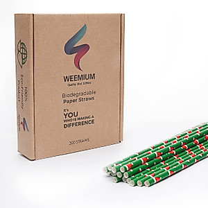 Weemium Christmas Paper Straws - Pack of 200 in 10 Designs - Biodegradable Christmas Straws for Drinking, Party & Crafts
