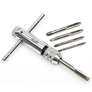 QISF Adjustable Silver T-Handle Ratchet Tap Holder Wrench with 5pcs M3-M8 3mm-8mm Machine Screw Thread Metric Plug T-shaped Tap