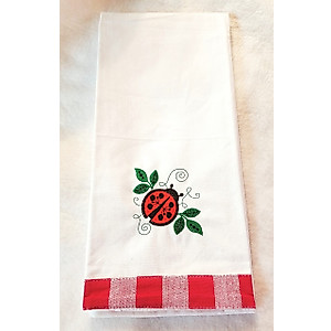 Embroidered Kitchen Towel, Ladybug With Leave Red Check