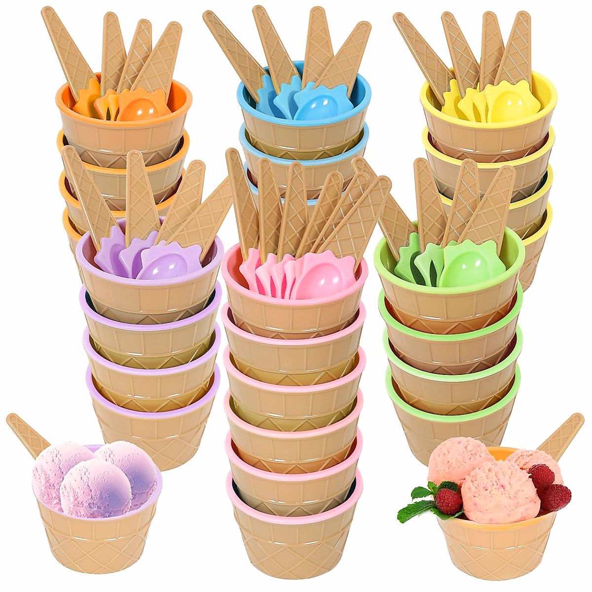 Hbaushun 26 Pack Plastic Ice Cream Bowls with Spoons,Reusable Plastic ice Cream Cups,Cartoon Candy Colorice Cream Bowls Set for Sundae Frozen Yogurt Summer Holiday Parties