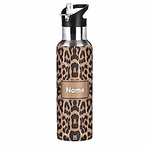 Custom Name Water Bottle Handle Straw Lid Vacuum Insulated Stainless Steel Thermos Water Bottle Cheeteh Leopard Print Leak Proof Sports Coffee Maker Cup