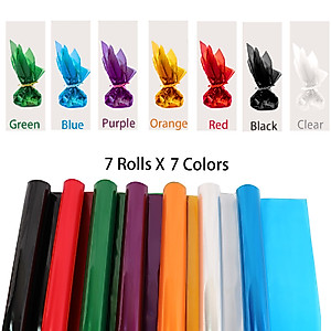 CMFYHM 7 Rolls Colored Cellophane Wrap Roll (34 in x 16.4 ft x 7 Colors) Extra Wide Cellophane Roll Transparent Color Cellophane Gift Wrapping for Gift Baskets,Flowers, DIY Craft,Baby Shower,