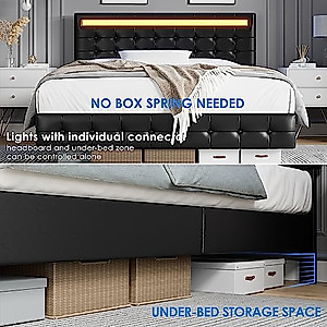 Full Bed Frame with LED Lights Visual-Floating Bed for Modern Space, Upholstered Leather Headboard and Footboard Platform Bed with Spacious Under Bed Storage, Wood Slats Support Easy Assembly, Black