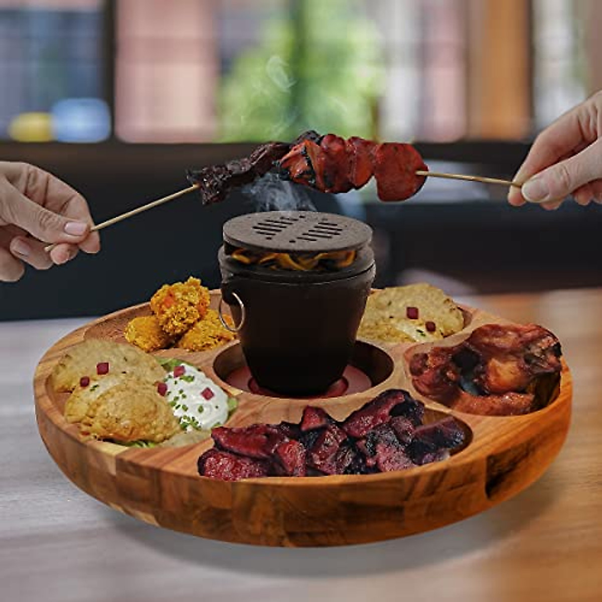 PuPu Platter Mini Hibachi Grill Platter Set - 5 Compartment Bowl Tray 12.6" Diameter With Rotating Lazy Susan - Quality Cast Iron Grill, 3.5" x 3.5" X 4.8", Indoor Mini Smores Maker