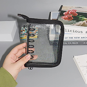 Clear A7 Binder Wallet Zipper Balck 6 Ring Glitter Budget Binders Loose Leaf Zip Up Binding Cover for Cash Envelopes System Photocard Album Journaling Planner (Black 4.5“x6)