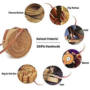 Handwoven Round Rattan Bag for Women Bali Ata Straw Bags Adjustable Shoulder Leather Straps