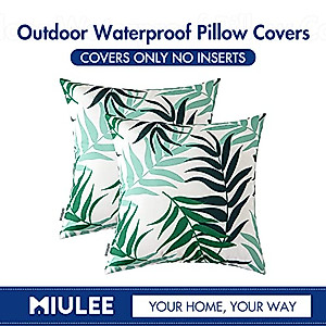 MIULEE Pack of 2 Decorative Outdoor Waterproof Throw Pillow Covers Spring Patio Pillow Cases Natural Leaves Pattern Square Cushion Shams Shell for Garden Balcony Couch 18x18 Inch, Dark Green