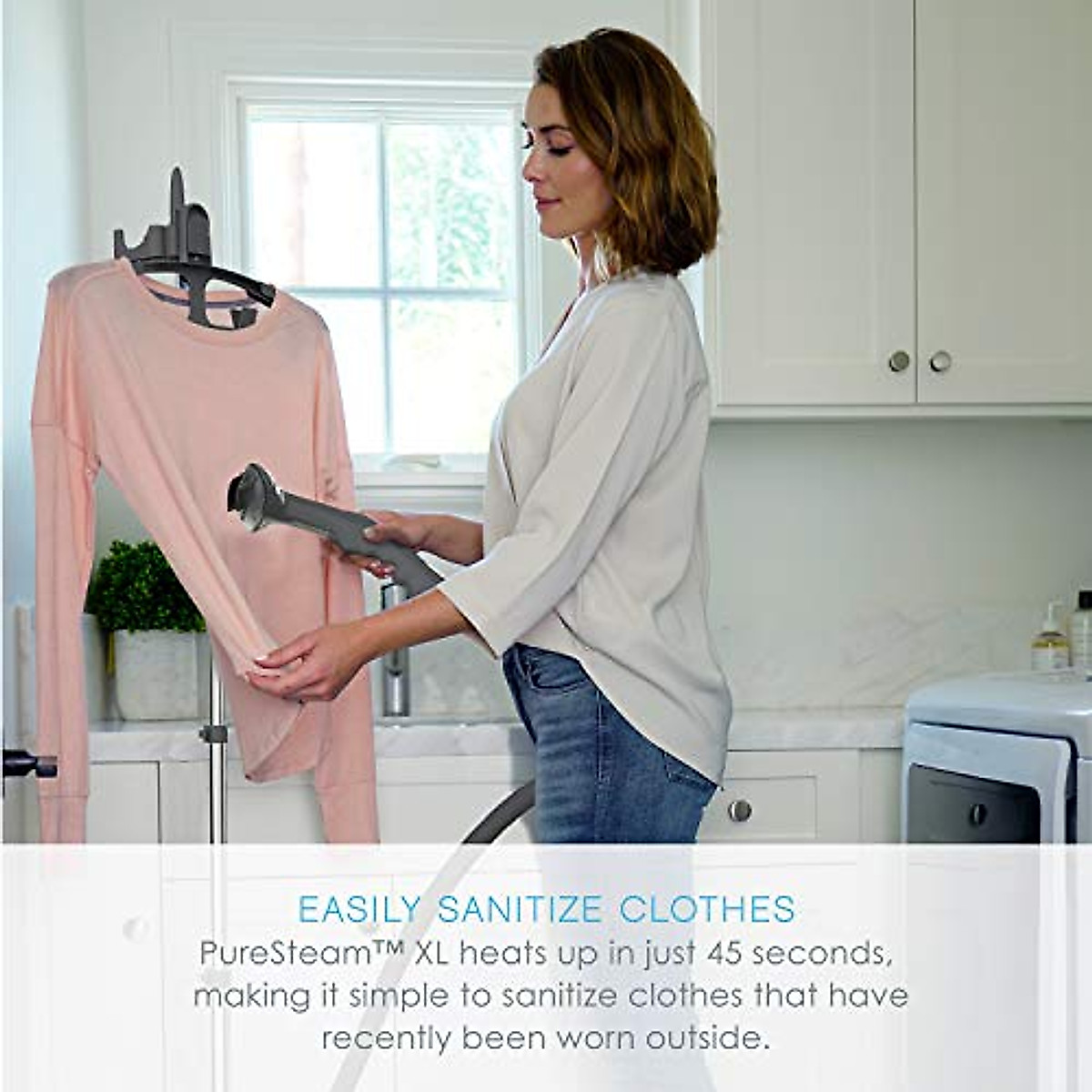 Pure Enrichment® PureSteam™ XL Standing Steamer with Garment Hanger - Heats in 45 Seconds with 0.5-Gallon Water Tank for 1 Hour Continuous Steaming - Includes Fabric Brush and Easy-roll Wheels