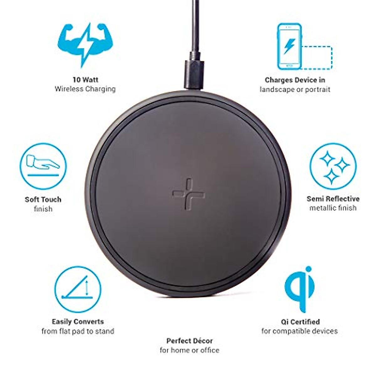 TYLT Crest | Convertible Wireless Charger | Qi Certified 10W Fast Charging Pad | Compatible with iPhone 13/13 Pro/13 Mini/13 Pro Max/12/11/SE 2020/XR/XS/8 & Samsung Galaxy S21/S20/S10/Note 10/9 | Blk