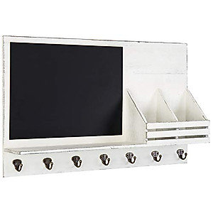 MyGift Vintage White Wood Entryway Mail and Key Holder Family Command Center Organizer with Chalkboard, 2 Mail Slots, Display Ledge Shelf and 7 Hooks