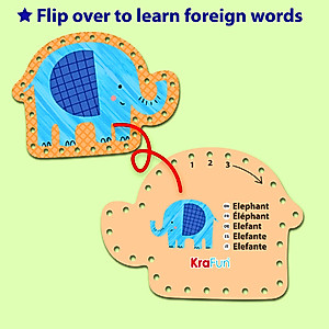 KRAFUN Beginner Preschool Lacing Card Kit for Kids Arts & Crafts, 5 Easy Safari and Animal Lacing Projects, Lacing Cards for Toddlers, Fine Motor Skills Training Toys
