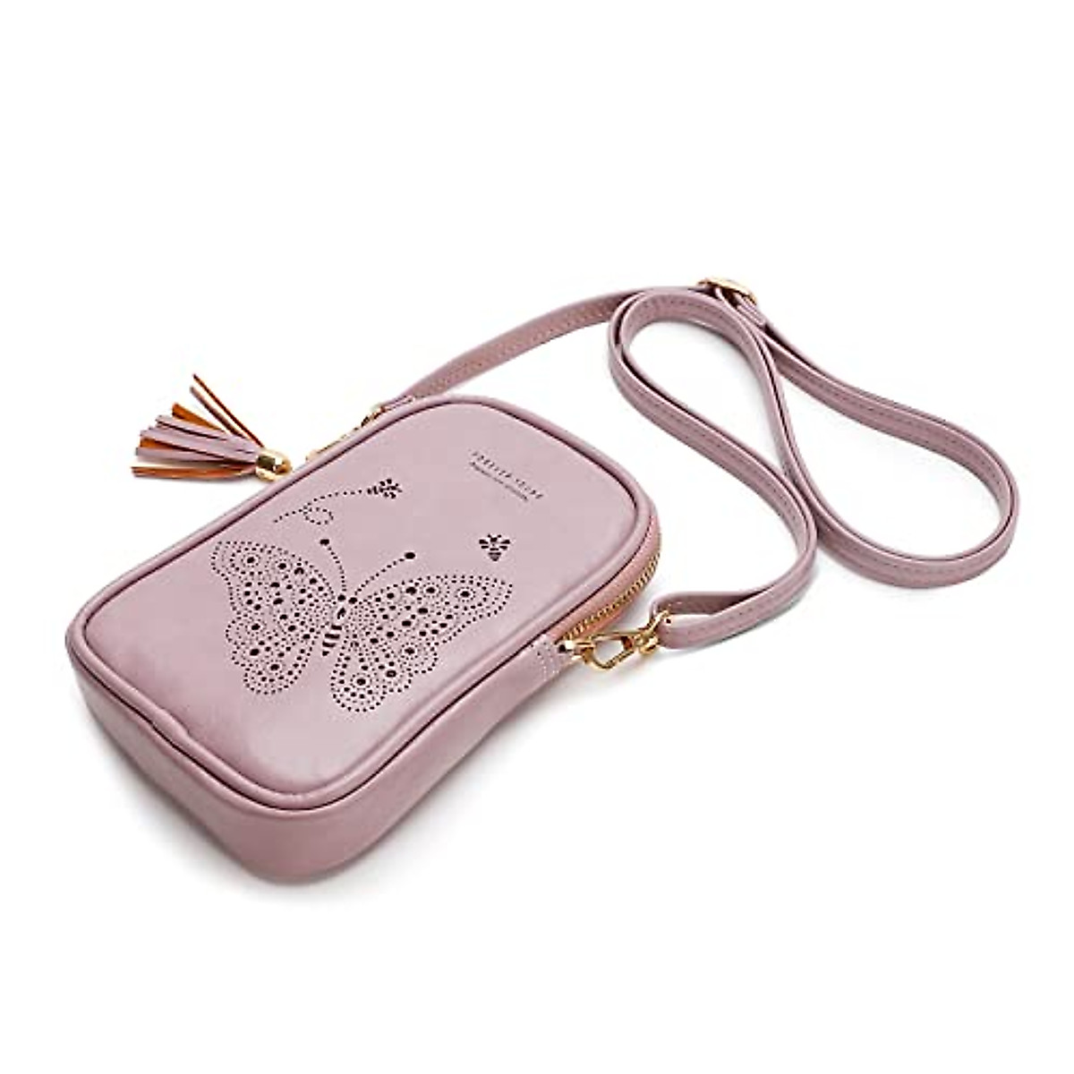 APHISON Cell Phone Purse Crossbody for Women, Butterfly Leather Phone Crossbody Bags for Women, Cute Phone Bag for Teen Girls with Tassel Adjustable Long Strap Purple