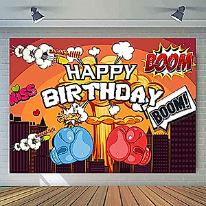EMTOBT Happy Birthday Backdrop Superhero City Boom Background Red and Blue Boxing for Boy Gift Childen Happy Birthday Party Decorating 7x5FT Banner Photo Booth Props Room Decor Supplies BJWHEM562