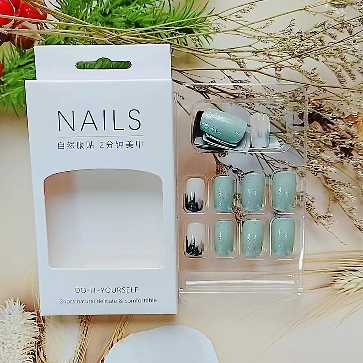 SHANRUN Press on Nails Medium Square Blue Fake Nails Glitter Powder Press ons Nails Tips Full Cover False Nails Stick on Nail Glue on Nails Acrylic Artificial Press on Nail Kit for Women 24 Pcs