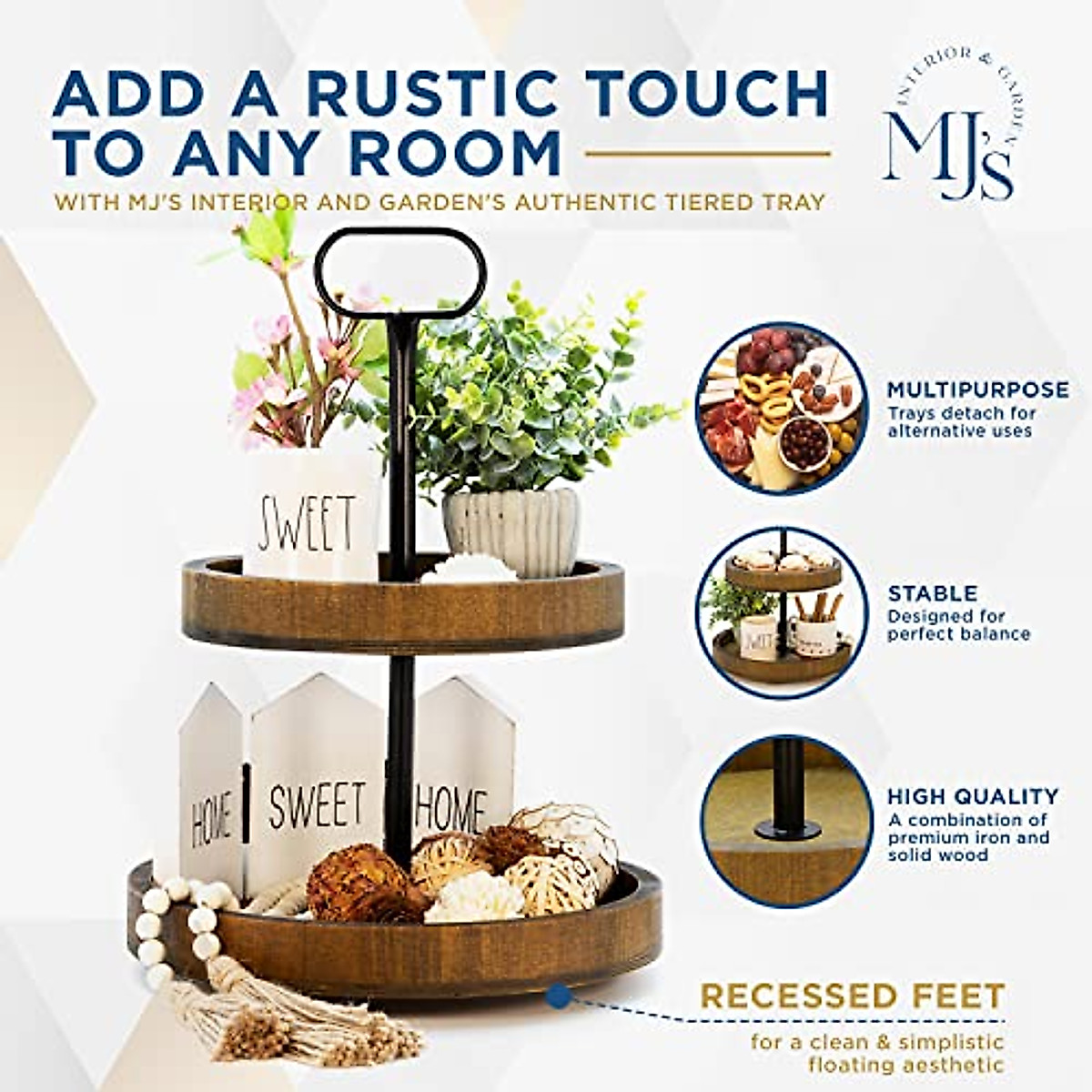 Tiered Tray Stand - 2 Tier Tray for Fruit, Cupcakes & More - Farmhouse Tiered Tray Decor Holder - 2 Tiered Tray Stand Farmhouse Tray - Wooden Trays for Decor - Two Tiered Serving Tray - Two Tier Tray