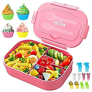 Jelife Lunch Box Kids Bento Box 1300ml Larger-Style Kid Lunch Box Containers Leak Proof Bento Lunch Box, BPA Free Lunchbox for Girls Teens Toddlers with Utensil, Food Fork Picks & Cake Cups, Pink