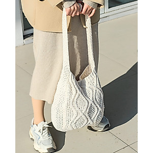 ENBEI Women's Shoulder Handbags Crochet Bags aesthetic canvas cute Shopping tote (White)