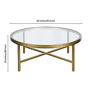 Henn&Hart 36" Wide Round Coffee Table with Glass Top in Brass, Modern coffee tables for living room, studio apartment essentials