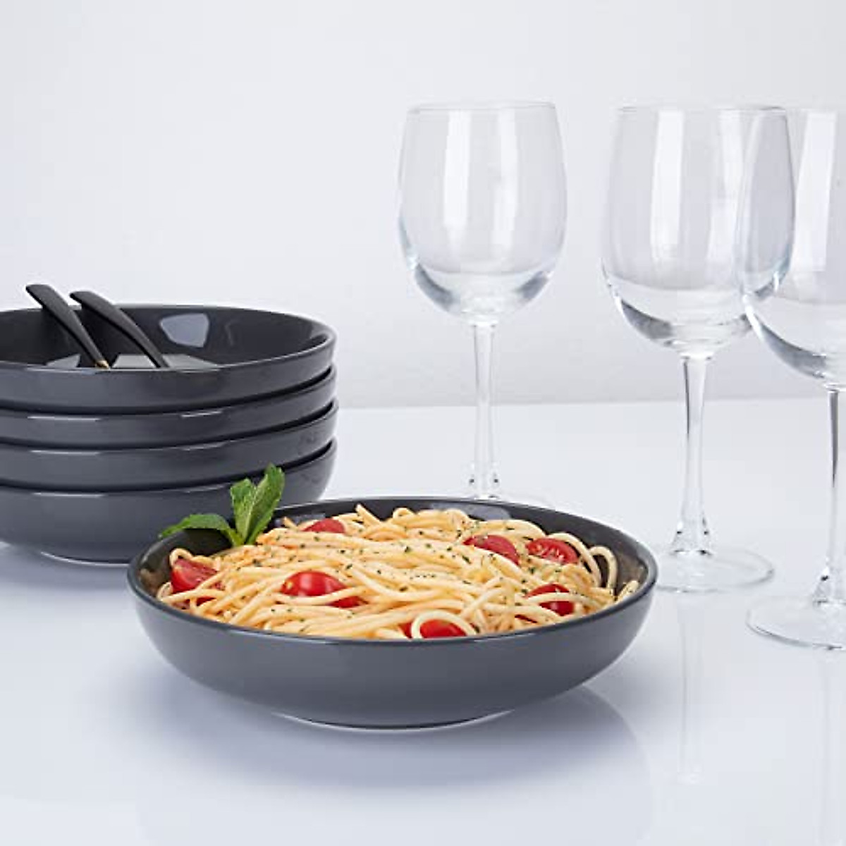 GlowSol Elegant Grey 8" Large Salad Serving Bowls, Ceramic Plates, Soup Bowls, Porcelain Pasta Bowls Set of 6, Microwave Dishwasher Safe, Wide and Flat Bowls