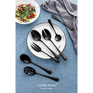 Black Serving utensils set. Stainless Steel Hostess Flatware Sets 7-Piece Includes Silverware Large Salad Serving Spoons, Forks & Slotted Spoons,sugar spoons,butter knife.Dishwasher Safe
