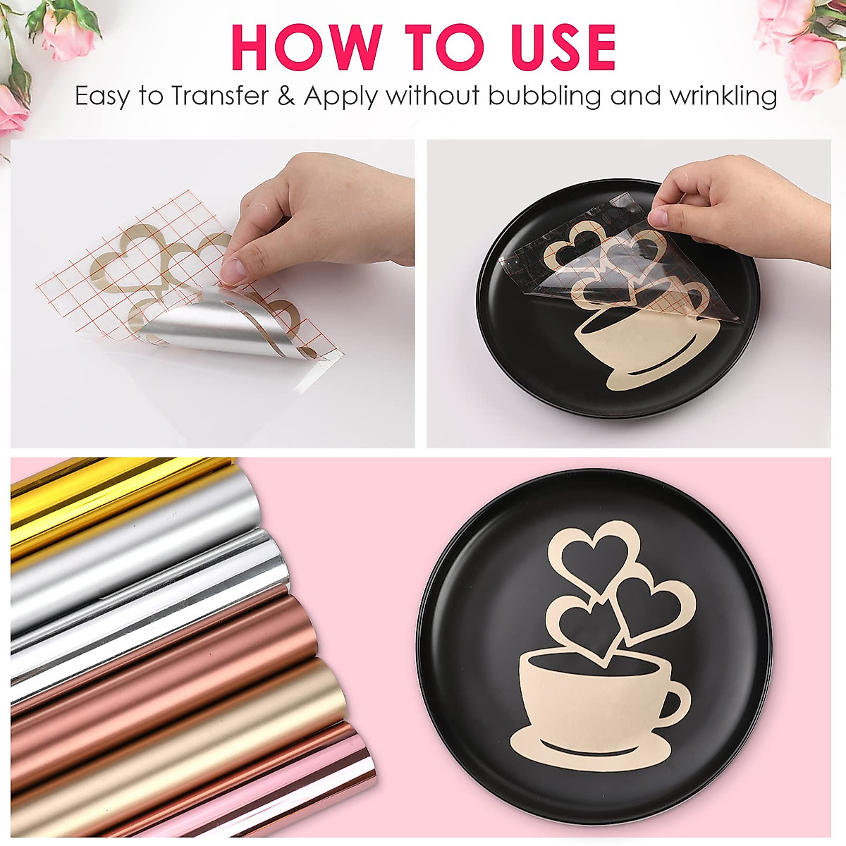 HTVRONT Rose Gold Chrome Vinyl, Metallic Rose Gold Permanent Vinyl, 12" x 5 FT Rose Gold Vinyl Roll for Cricut - Easy to Weed & Transfer